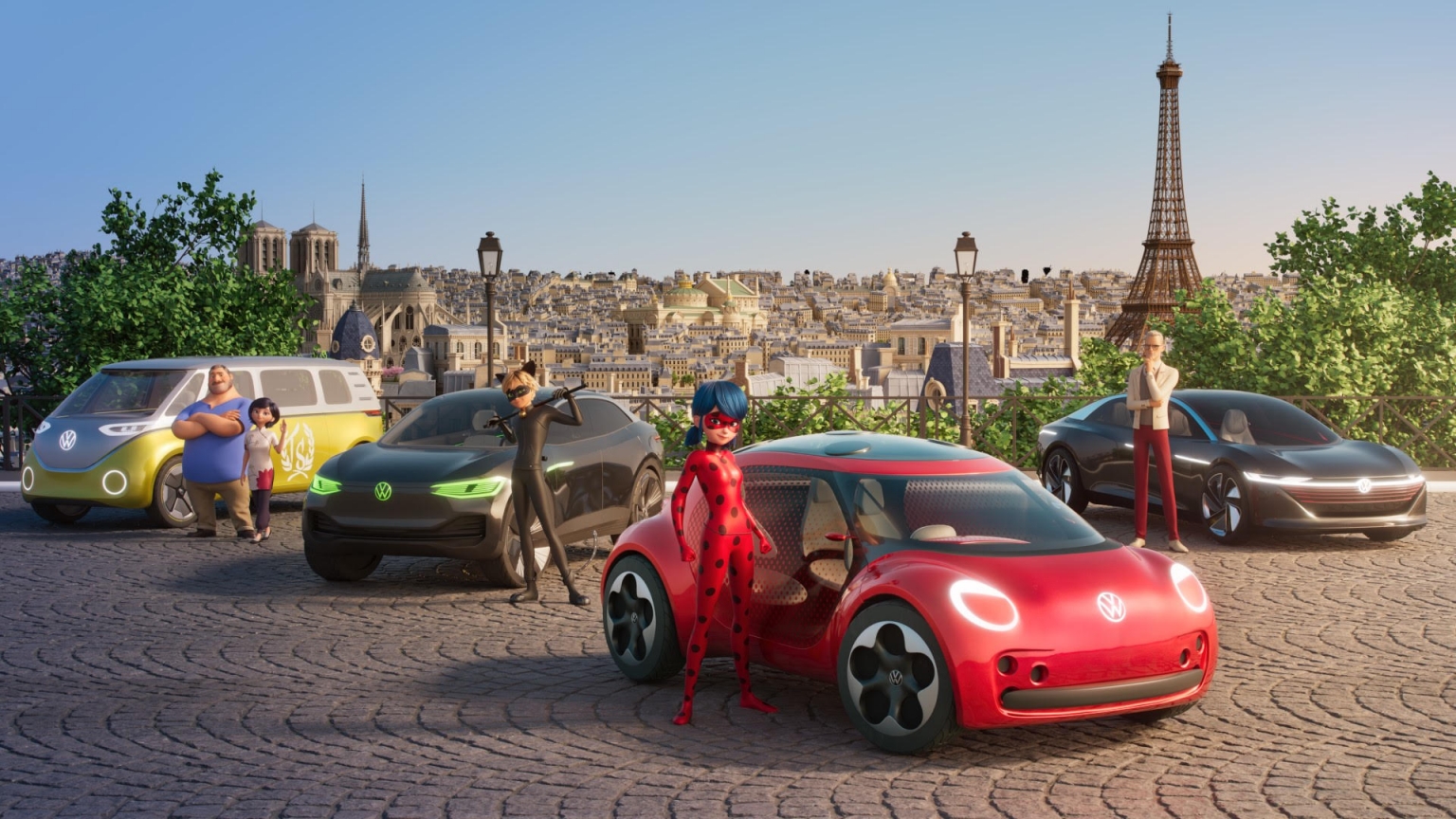 Ladybug y Cat Noir manejan autos eléctricos Volkswagen